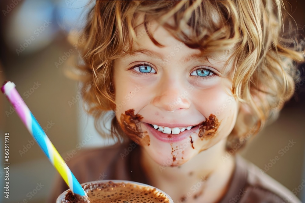 A young boy with messy hair and a playful grin, eagerly slurping on a ...