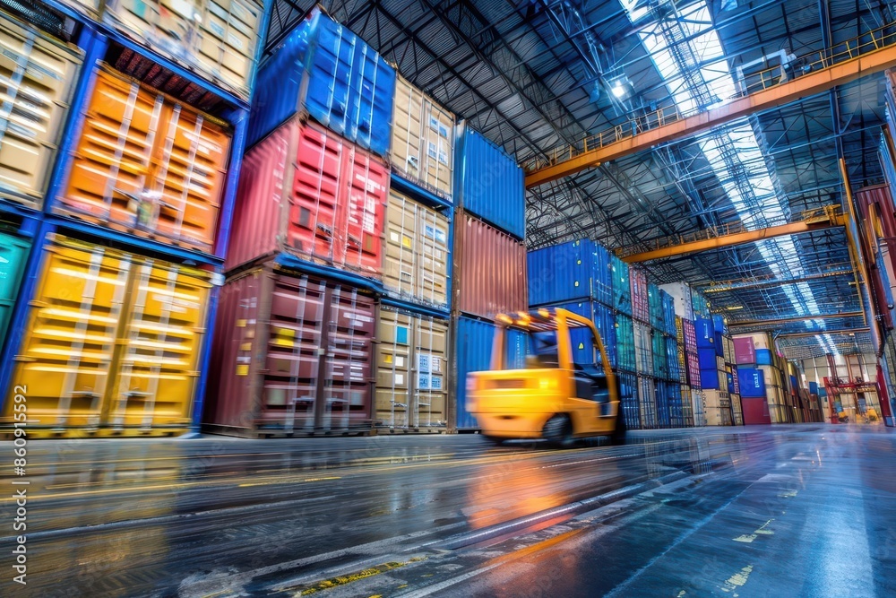 modern warehouse interior with neatly stacked colorful shipping ...