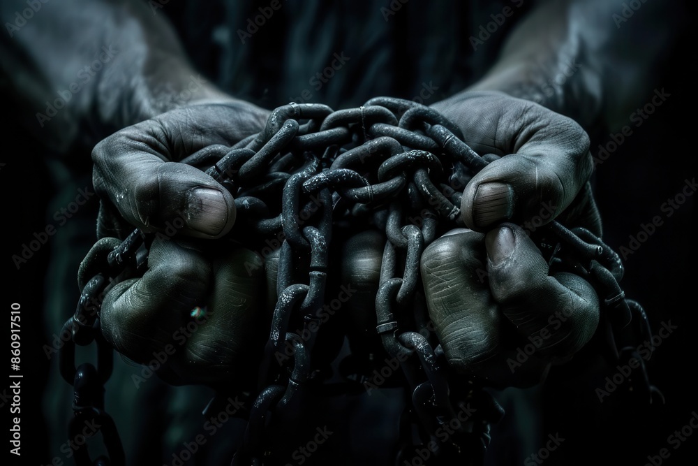 powerful symbolic image of hands bound by heavy chains representing the ...