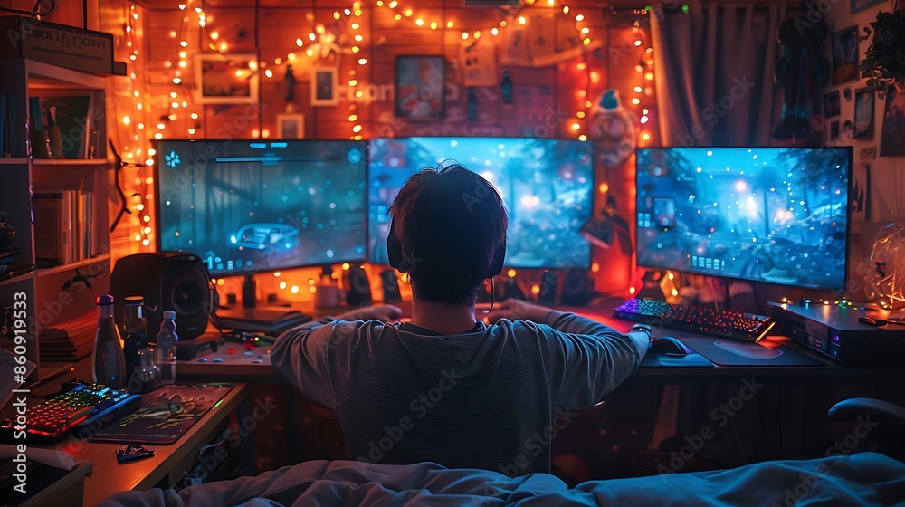 A detailed and realistic image of a gamer engaged in a marathon gaming ...