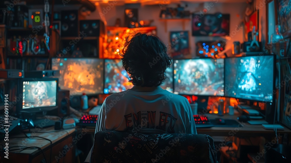 A detailed and realistic image of a gamer in the middle of a gaming ...