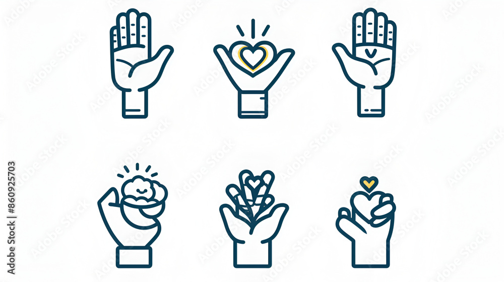 Care, generous, and sympathize icon set in thin line style, featuring ...