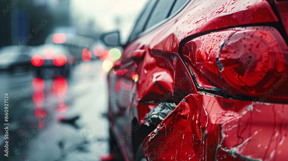 Red car with rear-end damage from a traffic accident, shown in close-up ...