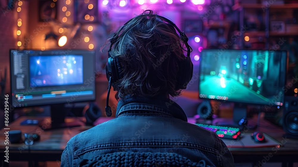 A realistic depiction of a gamer in front of a professional streaming ...