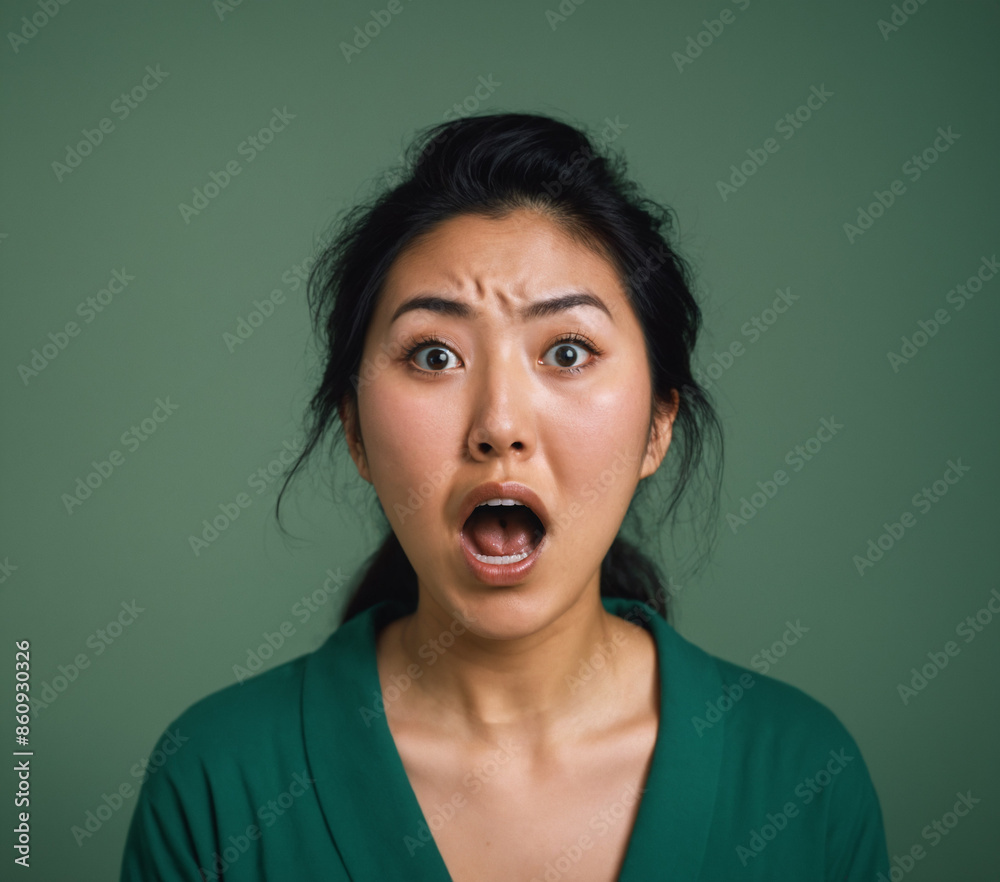 asian woman is surprised or has a shocked face, facial expression of pain or horrified fear and ...