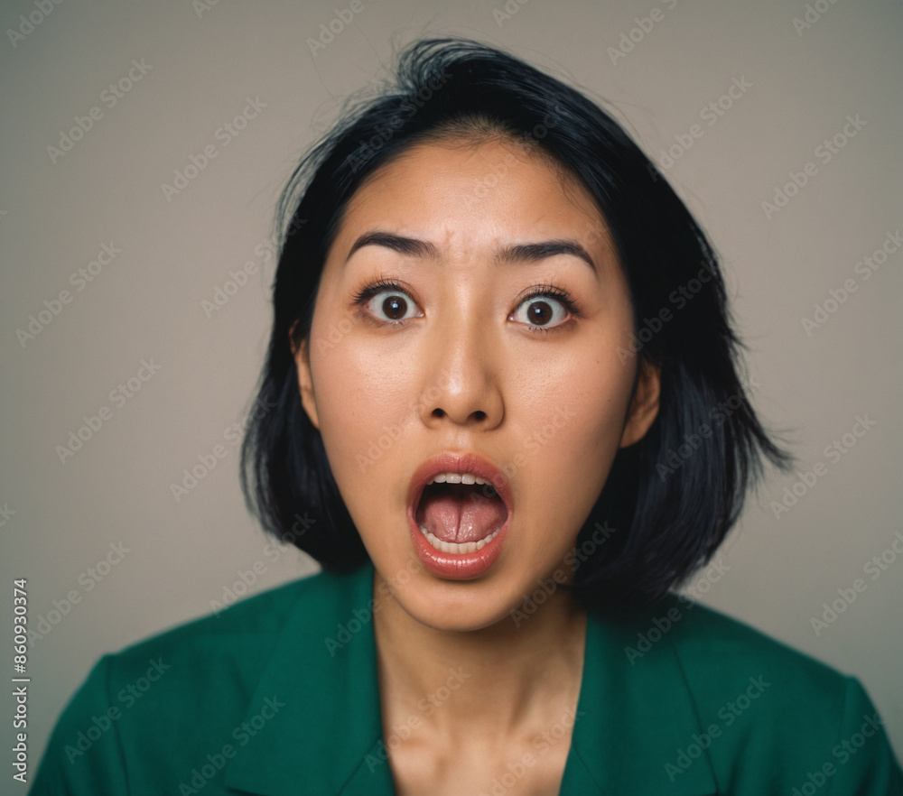 Asian woman is surprised or has a shocked face, facial expression of pain or horrified fear and ...