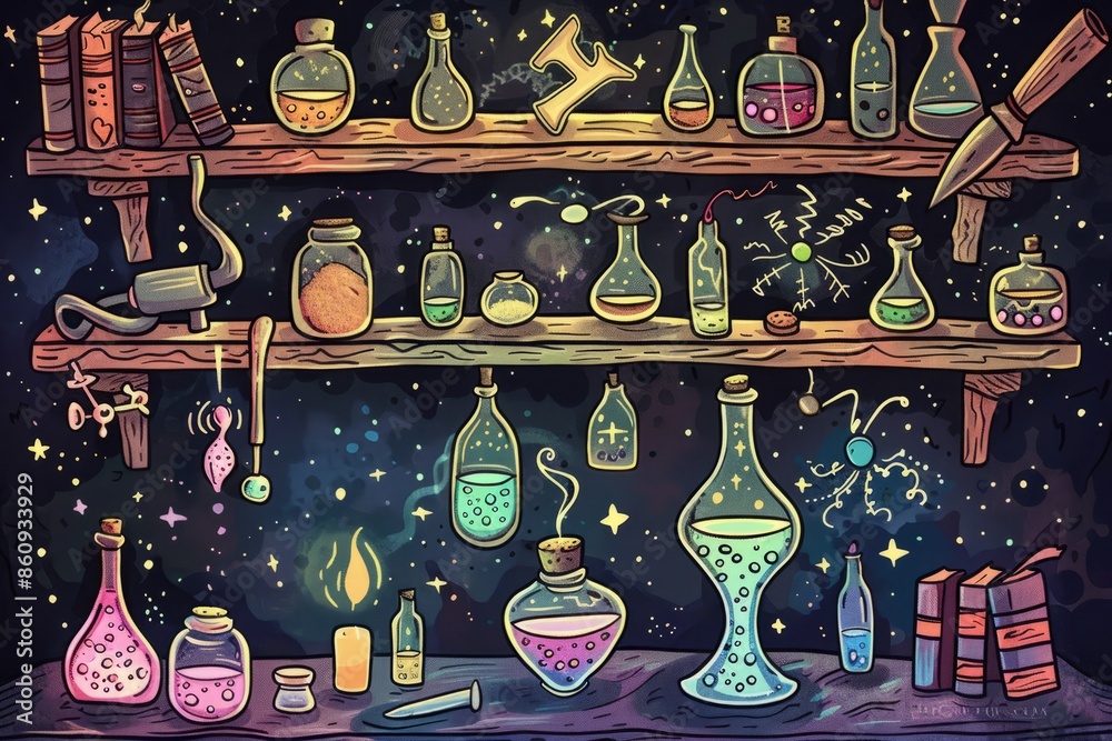 Cartoon cute doodles of a wizard's laboratory filled with bubbling ...