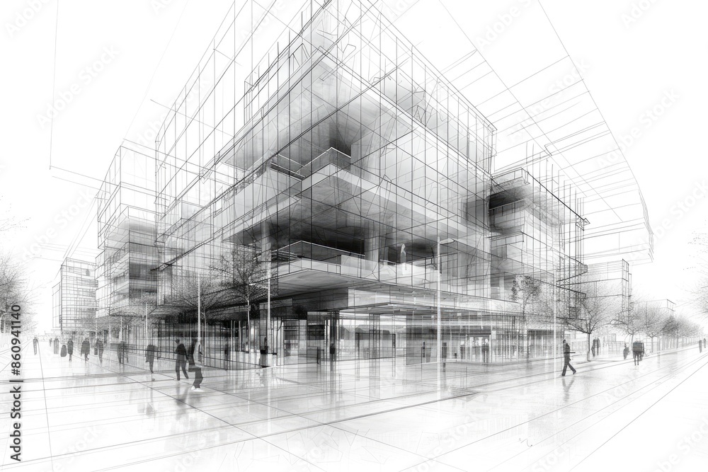 Abstract black and white architectural sketch of a grand boulevard with ...
