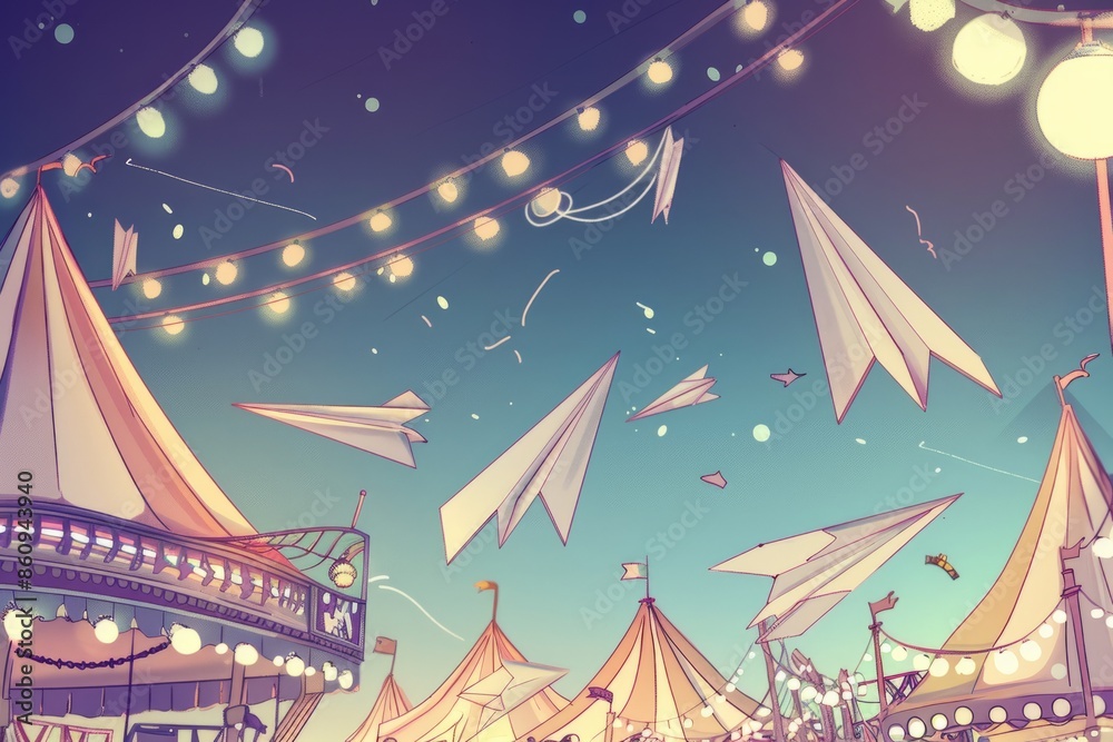 Cartoon cute doodles of a group of enchanted paper airplanes performing ...