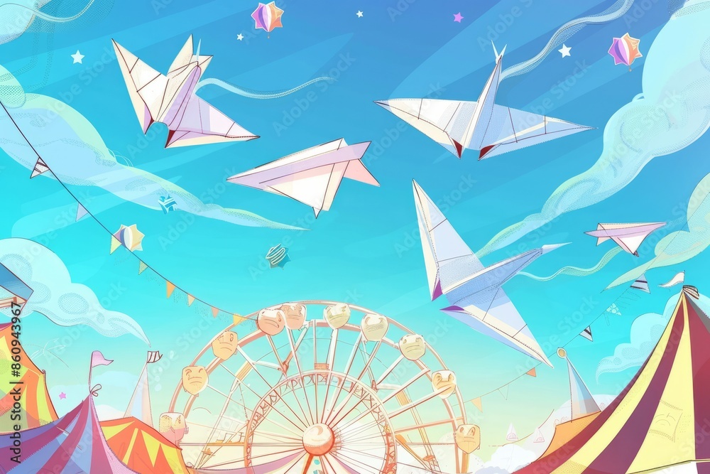 Cartoon cute doodles of a group of enchanted paper airplanes performing ...