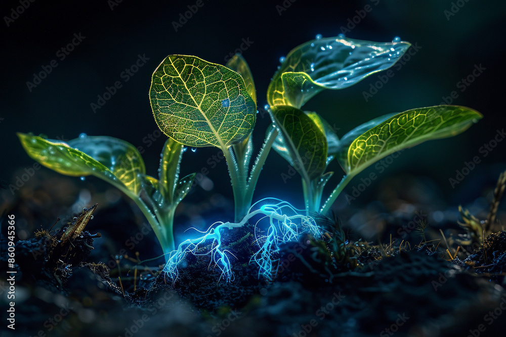 Bioengineered plants with glowing roots, dark background ...