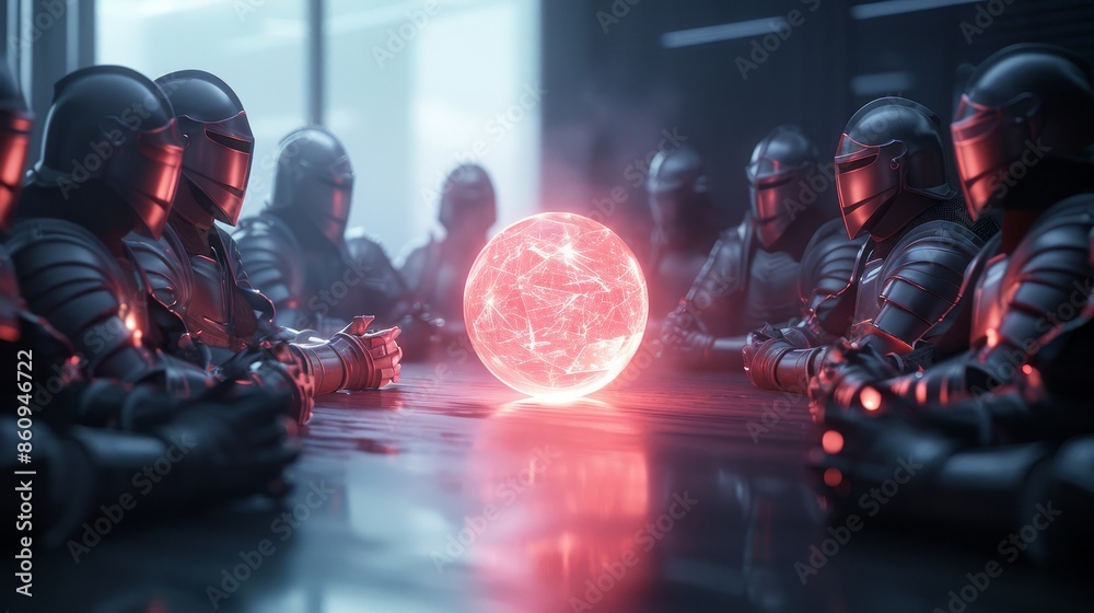 Ancient soldiers gathered around a glowing orb in a high-tech command ...