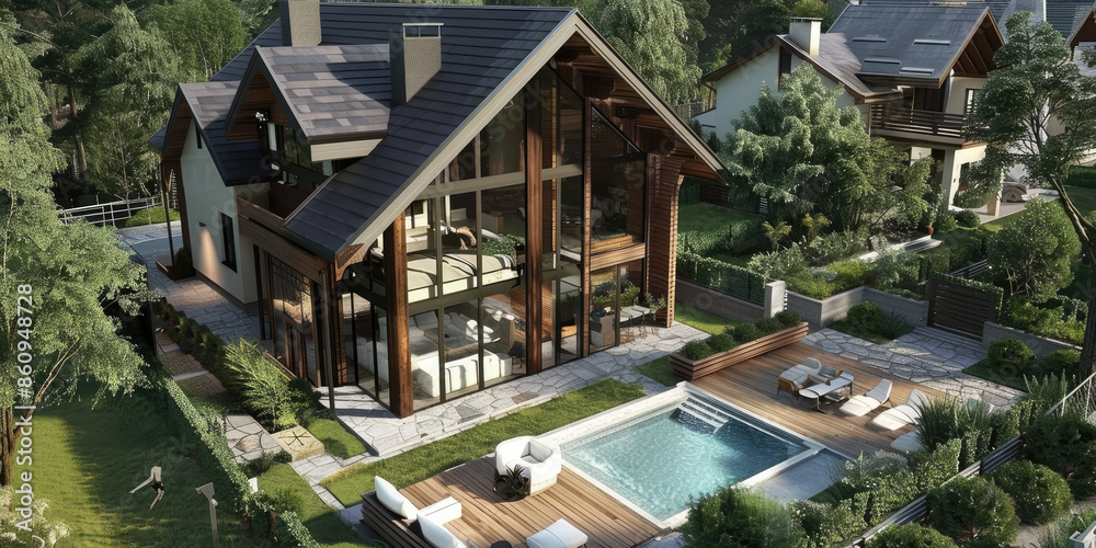 3d plan of an two-story modern house with gable roof, the first floor ...