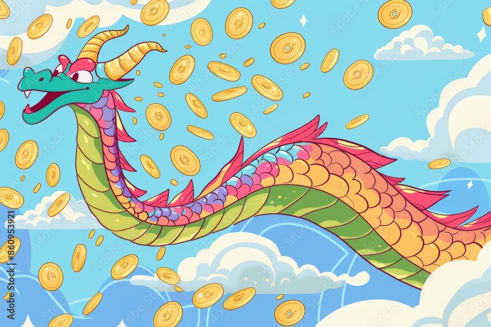Cartoon cute doodles of golden coins falling magically from the tail of ...