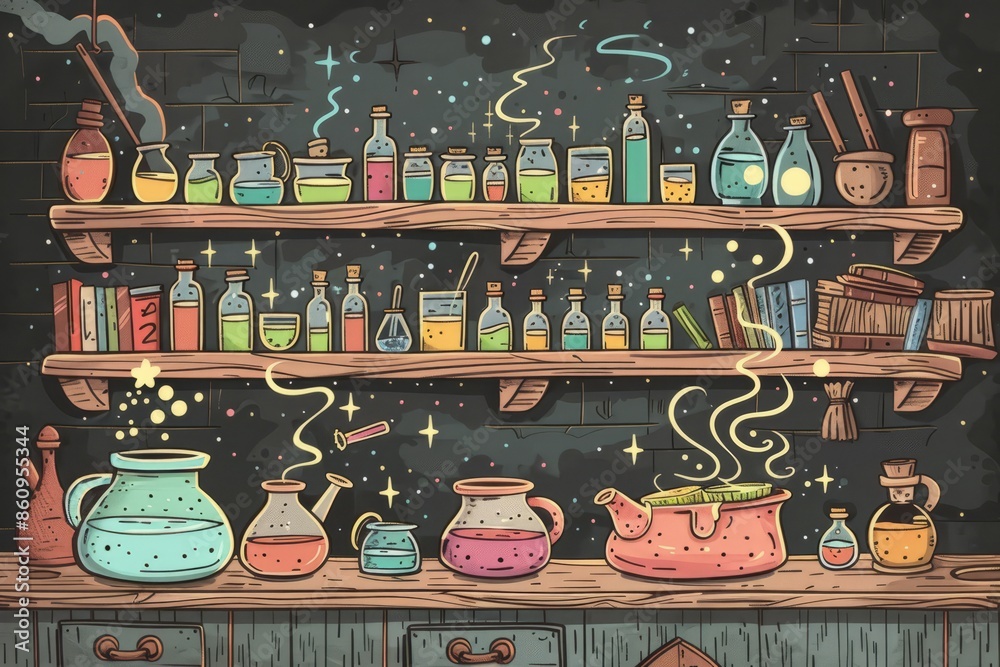 Cartoon cute doodles of tiny magic potions falling from the shelves of ...