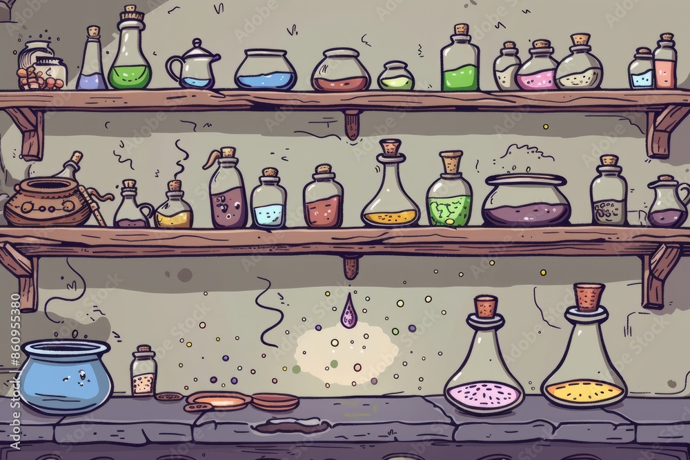 Cartoon cute doodles of tiny magic potions falling from the shelves of ...