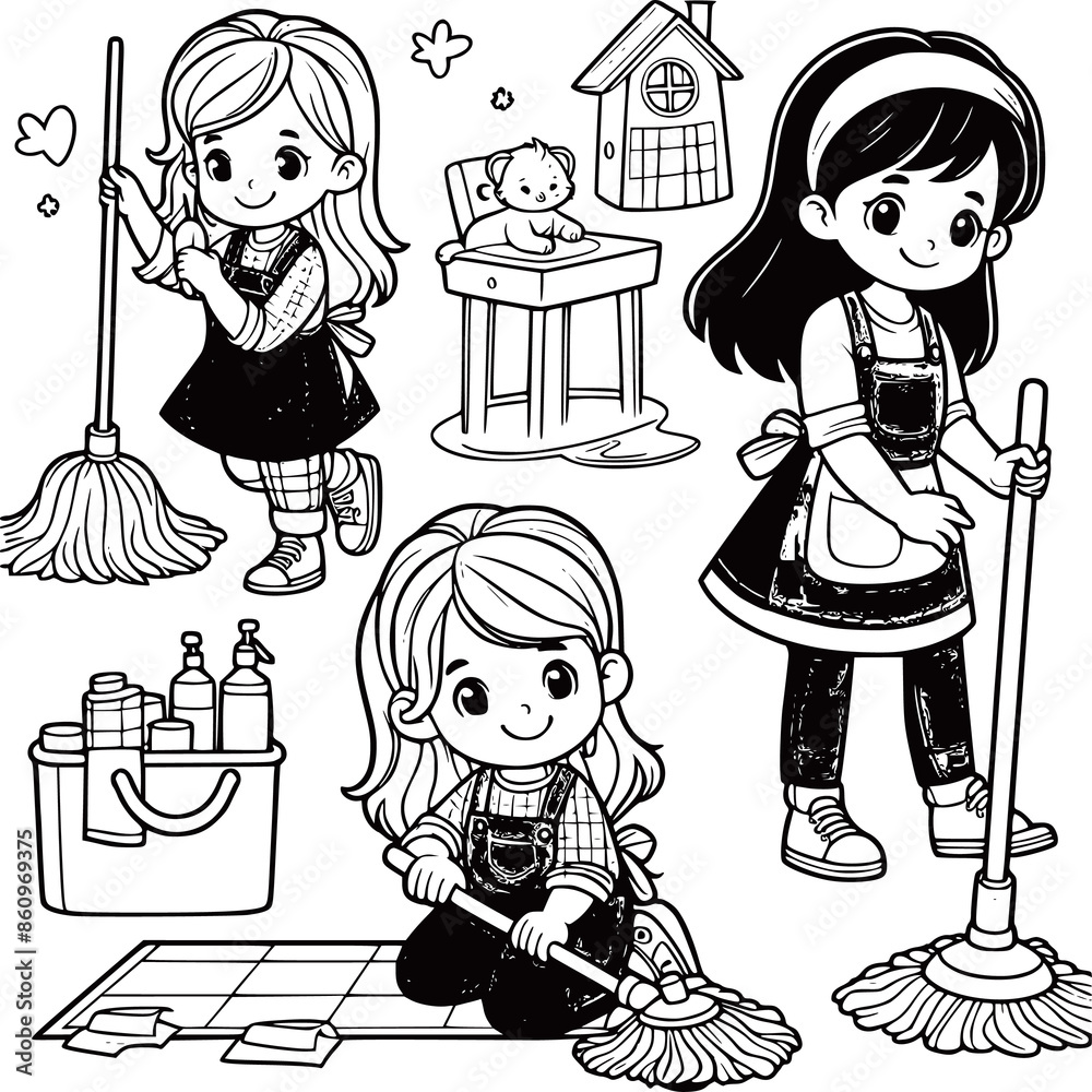 Cute kids woman cleaning room group work on floor ฺline art black and ...