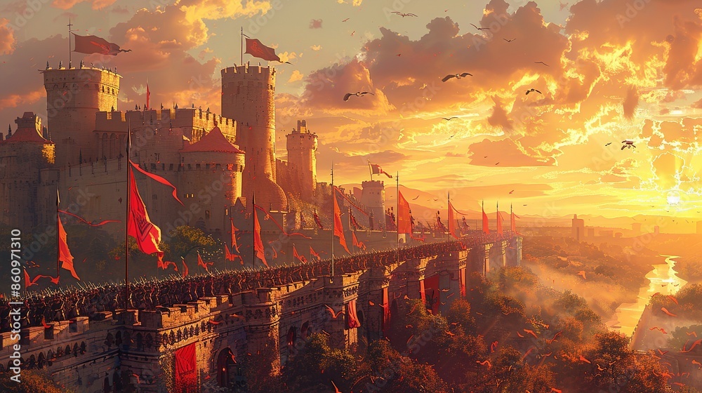 King commanding his army from a castle balcony, with banners flying and ...