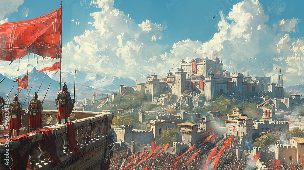 King commanding his army from a castle balcony, with banners flying and ...