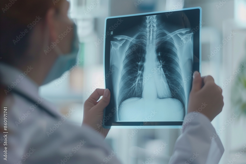 A doctor is holding a chest x-ray of a patient's lungs. The image is in ...