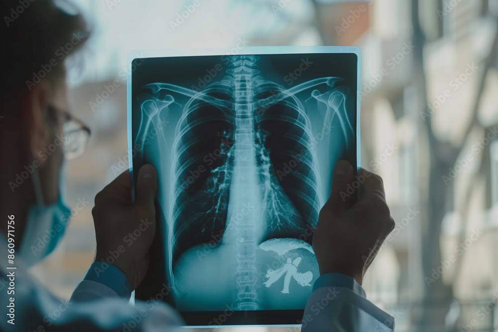 A doctor is holding a chest x-ray of a patient's lungs. The image is in ...