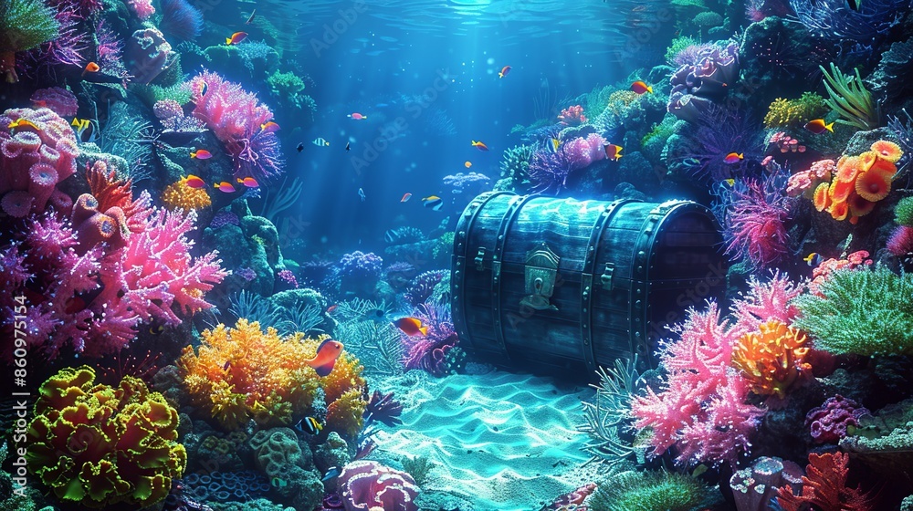 Dreamlike underwater world with colorful coral reefs, exotic fish, and ...