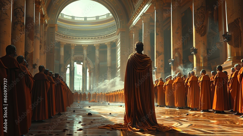 King in a majestic robe, standing in a grand hall with loyal subjects ...