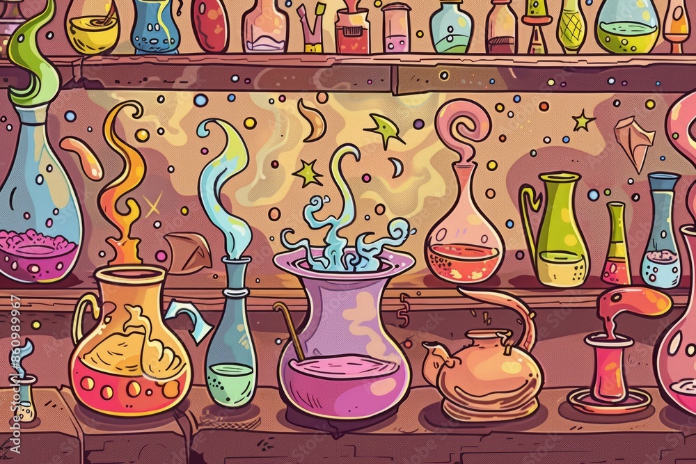 Cartoon cute doodles of a factory creating magical potions and elixirs ...
