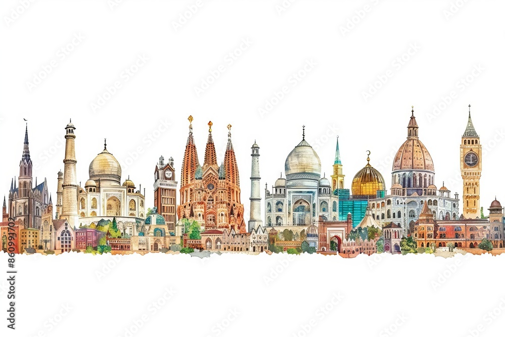 Colorful illustration of world landmarks aligned in a panoramic view ...