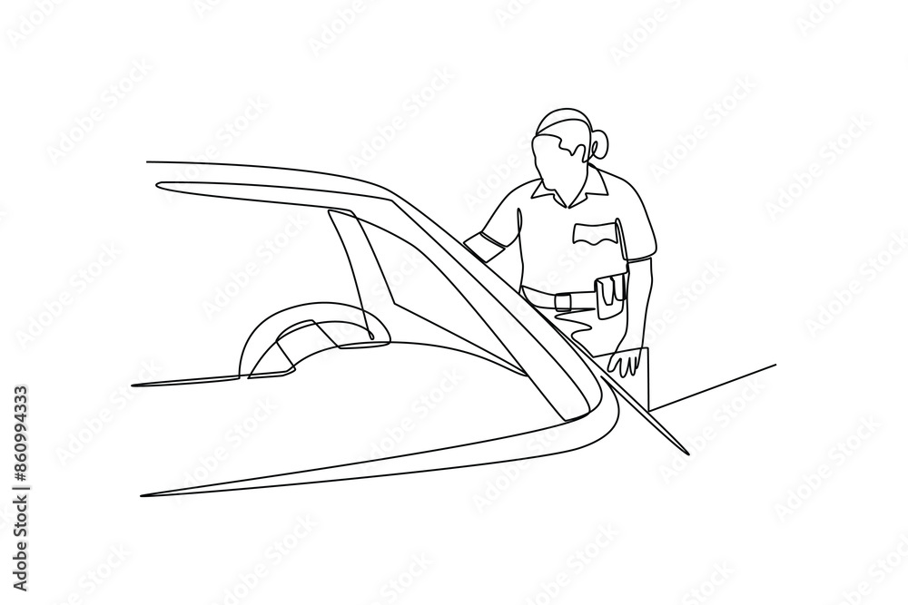 Single continuous line drawing a female police officer is checking the ...
