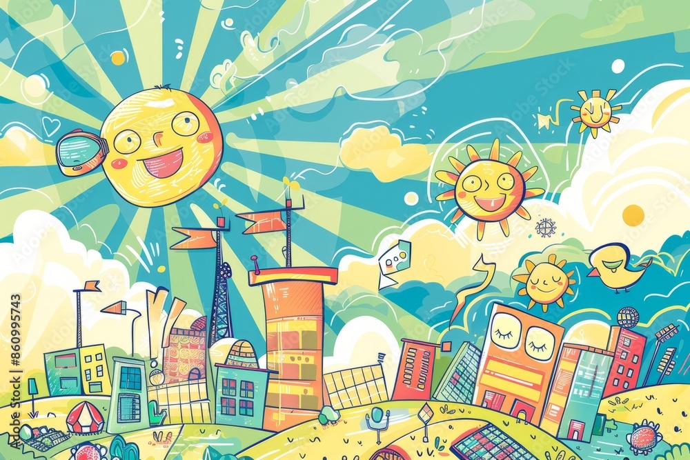 Cartoon cute doodles of a solar energy factory with sunshine-powered ...