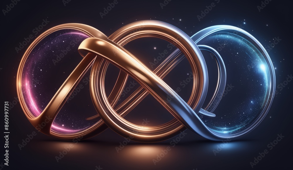 infinity symbol, ring, golden. gold. glowing lights, neon lights, logo ...