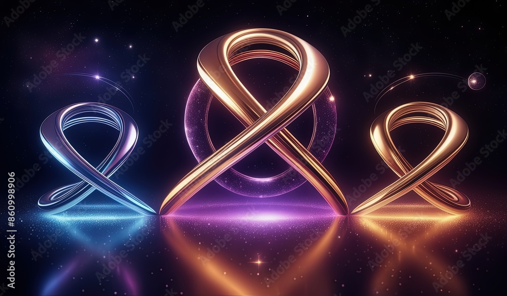 infinity symbol, ring, golden. gold. glowing lights, neon lights, logo ...