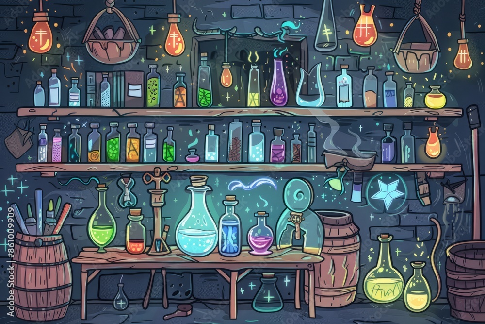 Cartoon cute doodles of a wizard's laboratory filled with bubbling ...