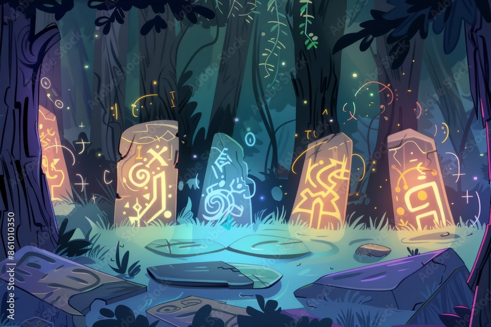 Cartoon cute doodles of ancient runes glowing softly in a mystical ...