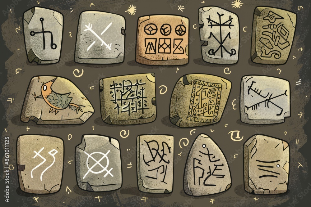 Cartoon cute doodles of tiny creatures deciphering runes etched on ...