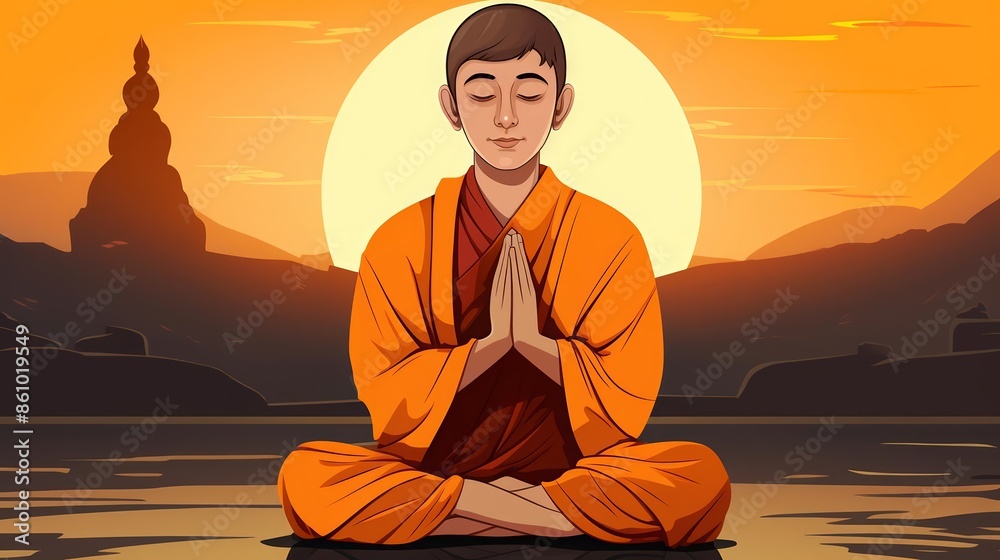Cartoon person praying at temple flat design front view peaceful theme ...