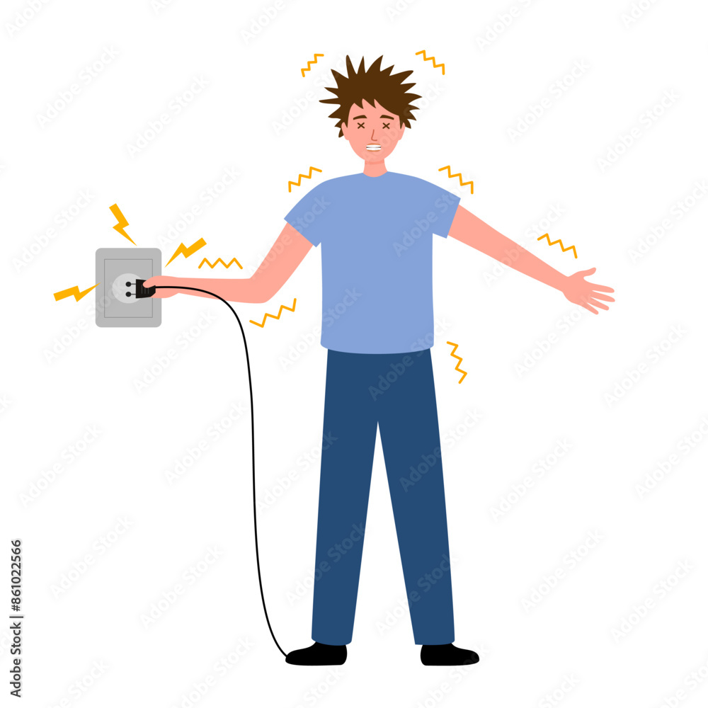 Electric shock risk concept vector illustration. Man get electric shock ...