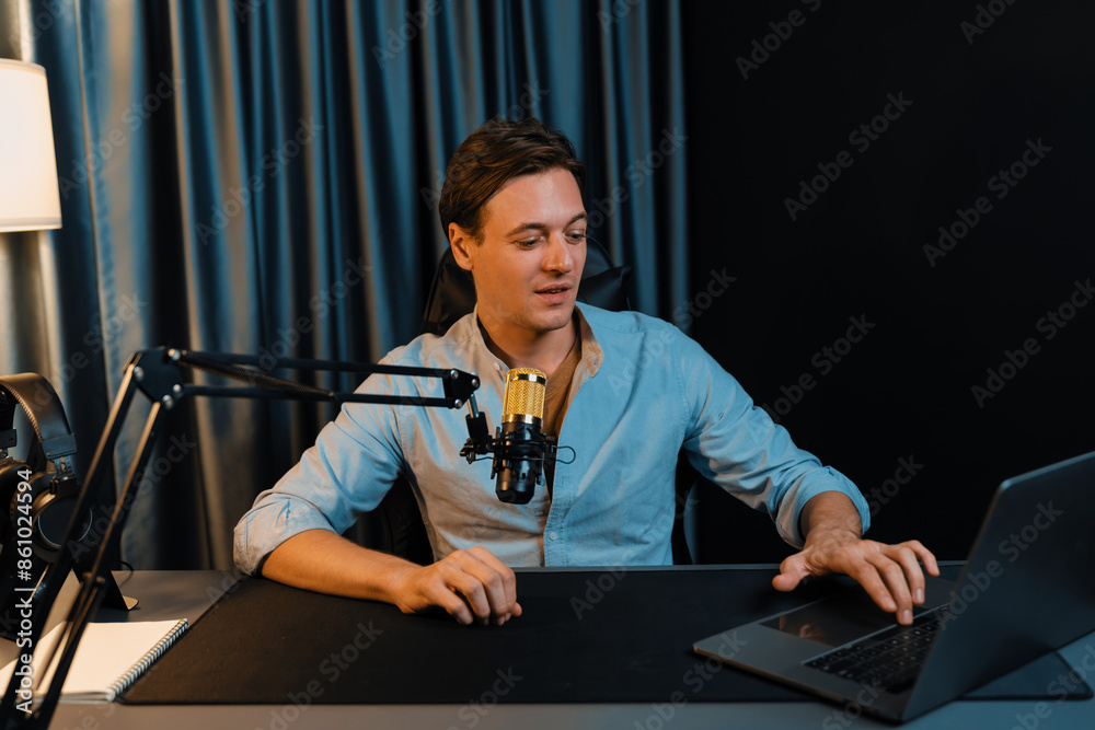 Host channel smart broadcaster talking on live social media application ...