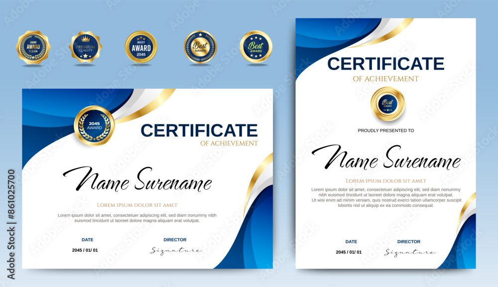 Blue and Gold certificates template design. vertical horizontal diploma ...