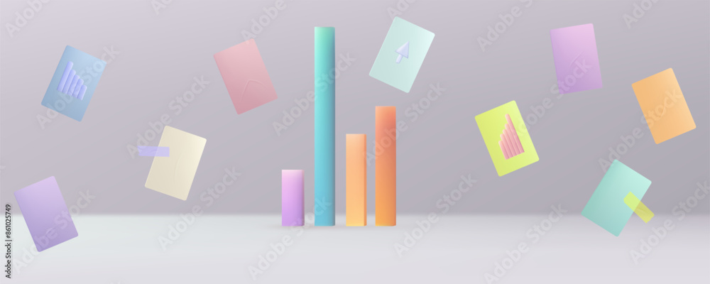 Business graph with flying documents. Financial performance indicators ...