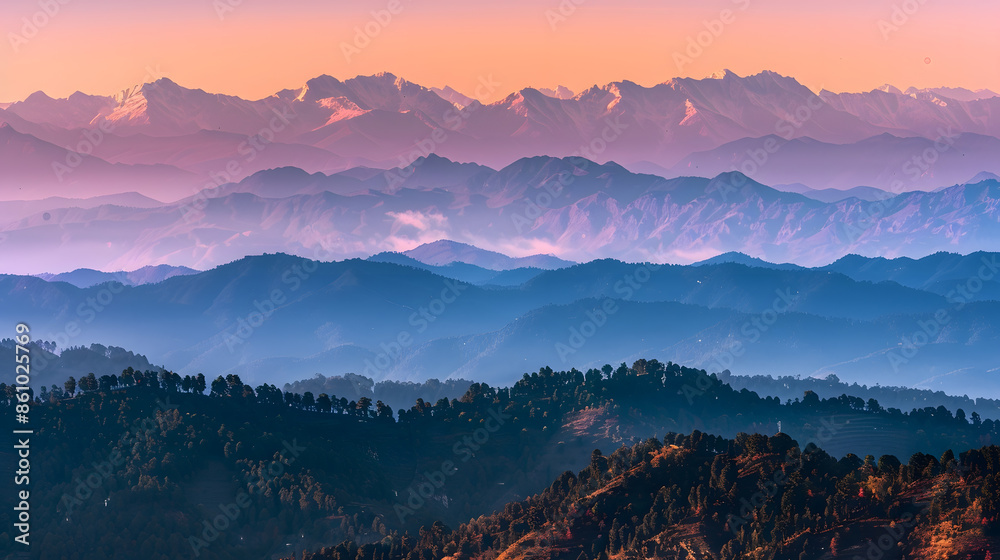 Panoramic landscape of great Himalayas mountain range during an autumn ...