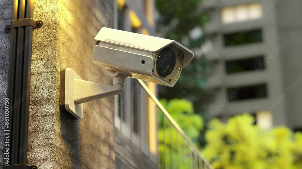 Security CCTV camera On the wall in the city during sunset. Scan the ...