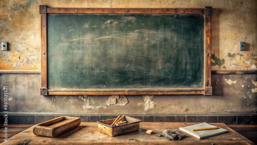 Old empty classroom blackboard with worn wooden frame and chalk tray ...