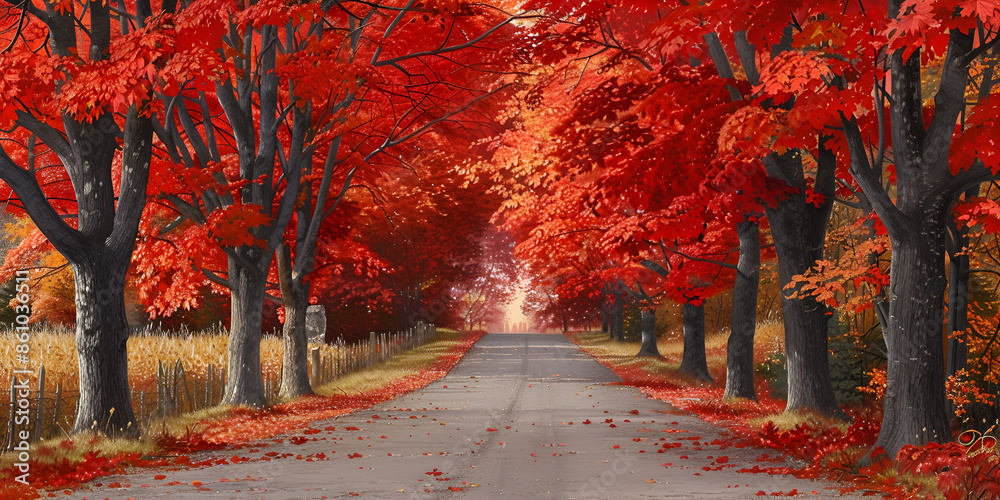 narrow road lined with red maple trees that are vibrant in fall colors ...