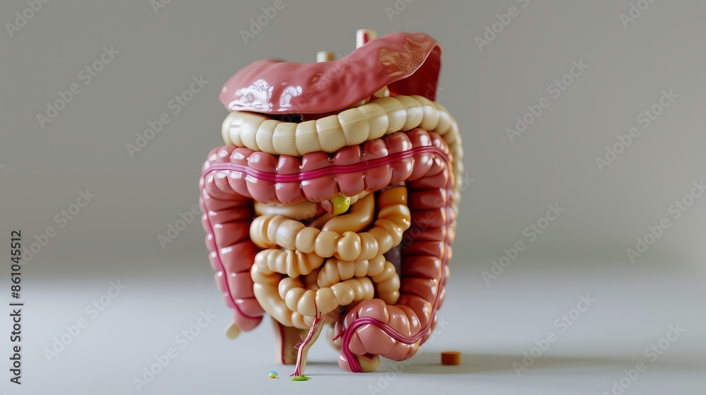 A 3D model of the digestive system with a path highlighting the food ...