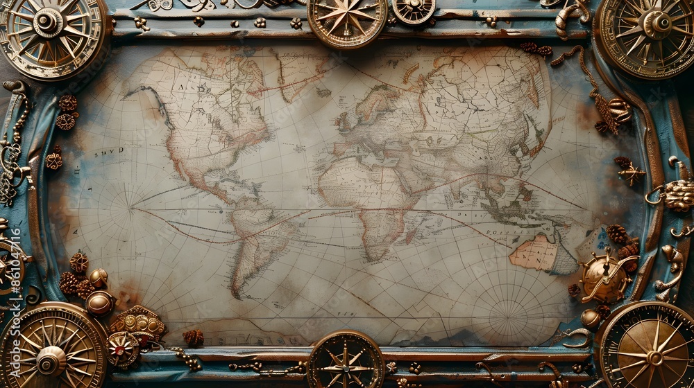 Vintage Frame with Old Maps Compasses and Nautical Elements for Travel ...