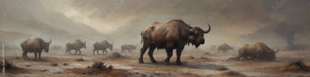 A dusty wasteland with massive, mutated animals trudging through the ...