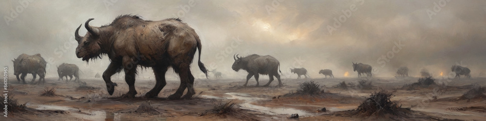 A dusty wasteland with massive, mutated animals trudging through the ...