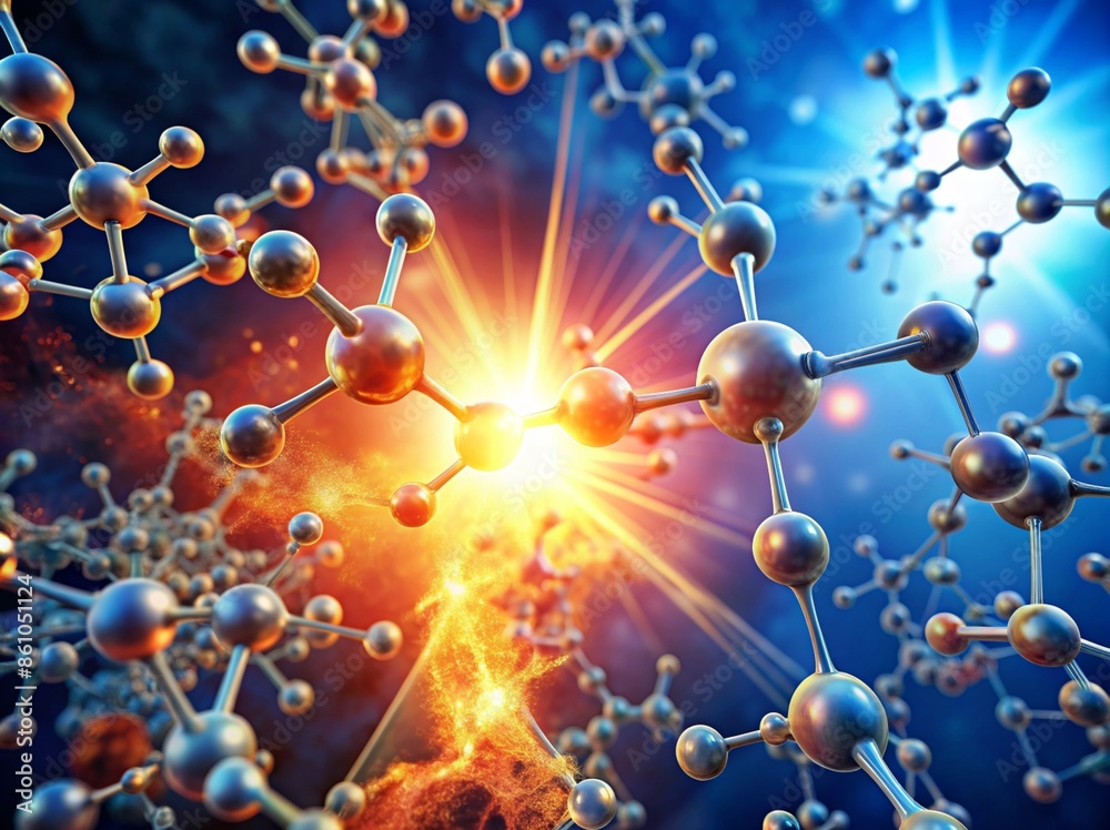 a chemical reaction with molecules transforming into new structures ...